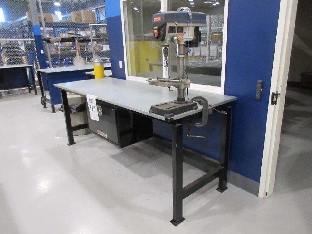 HEAVY DUTY WORK TABLE 8' X 3' X 39 W/ DELTA PRO UNDERBODY TOOL BOX AND ...